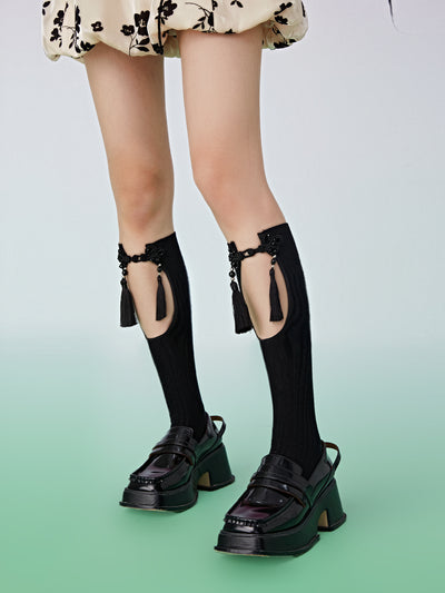 MUKZIN Cut Out Fringe Black High Socks -囍XI