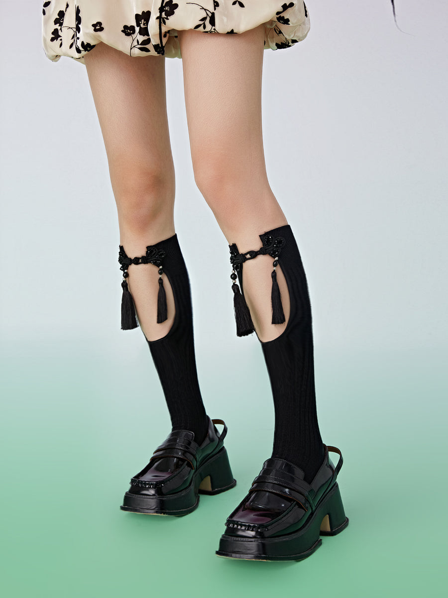 MUKZIN Cut Out Fringe Black High Socks -囍XI