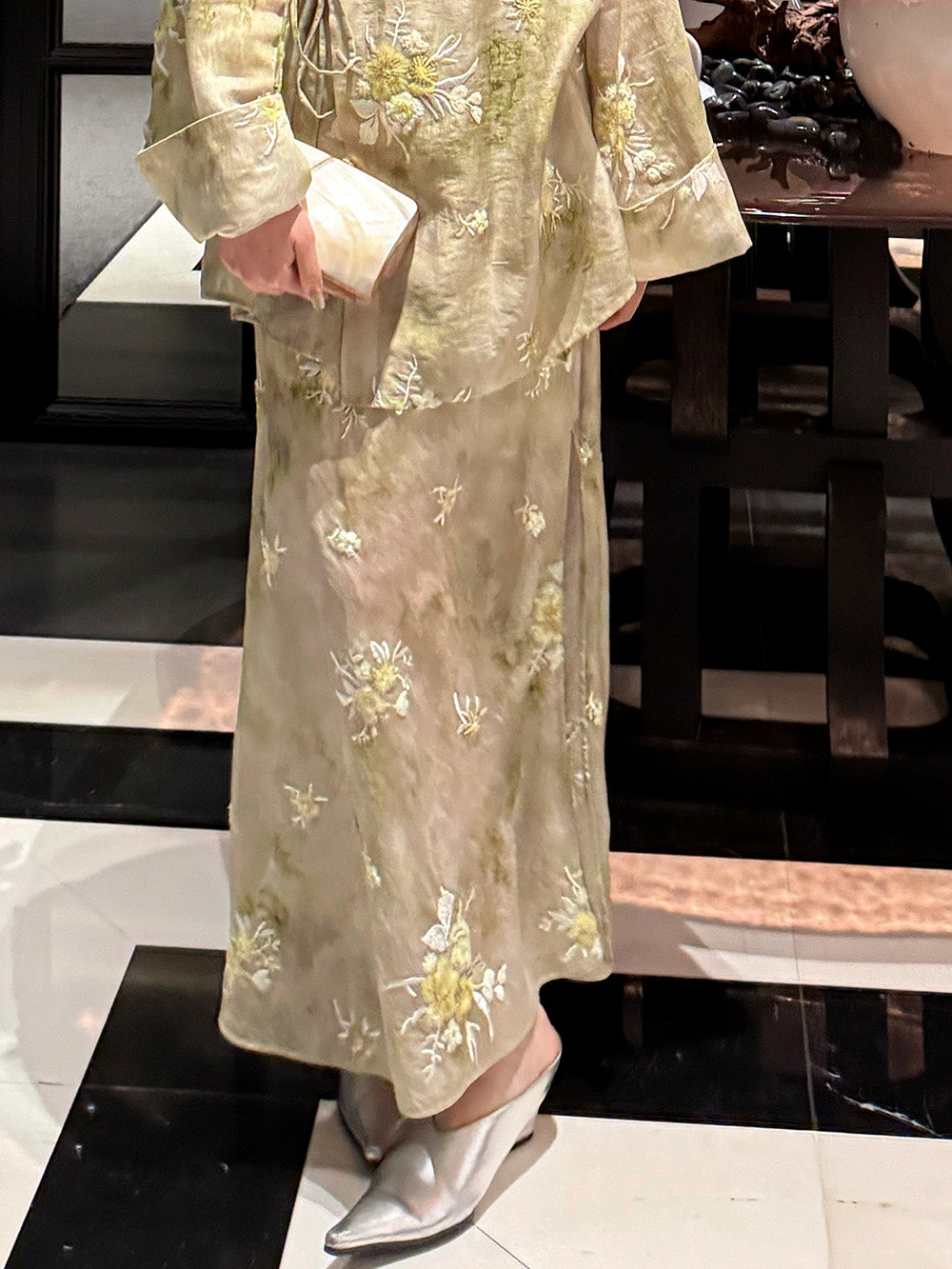 MUKZIN“Capsule Collection”New Chinese-style green slimming midi skirt